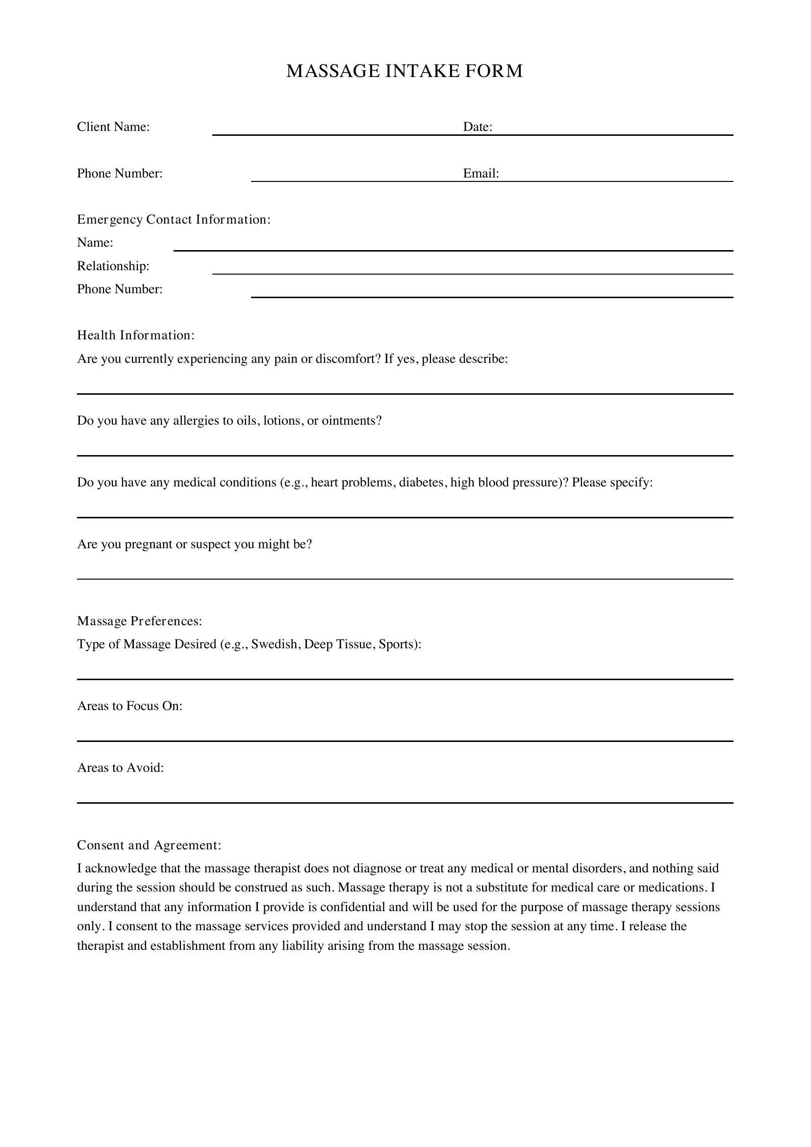Massage Intake Form Template